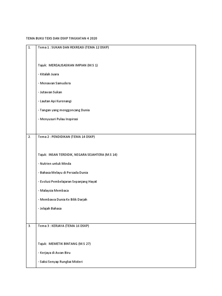 Tema Buku Teks Dan DSKP Tingkatan 4 2020 | PDF