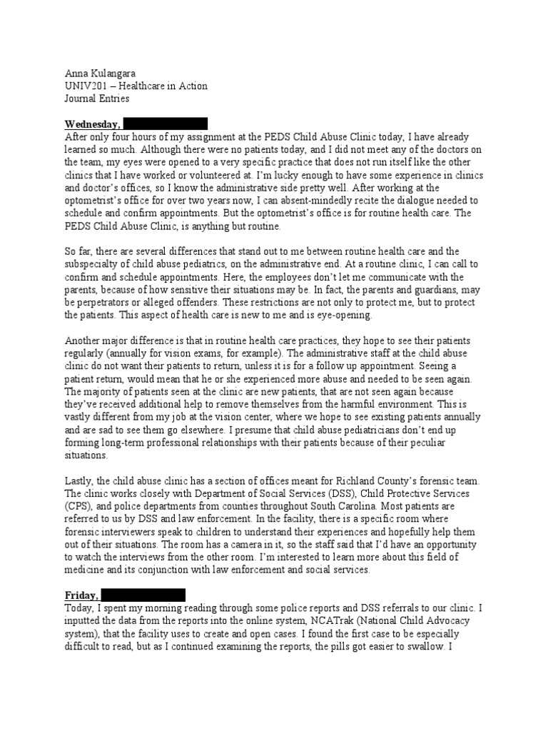 Redacted Journal Entries | PDF | Child Abuse | Medical Record