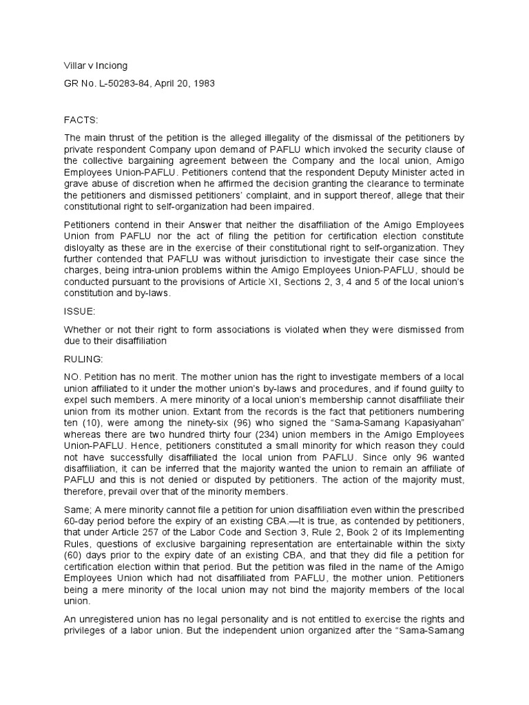 194 Villar V Inciong (Case Digest) | PDF | Collective Agreement | Trade ...