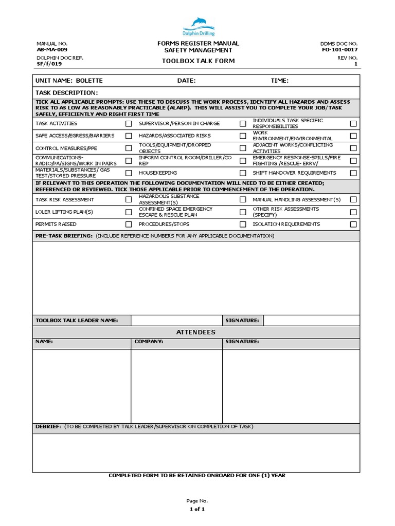 Toolbox Talk Form: Forms Register Manual Safety Management | PDF | Risk ...