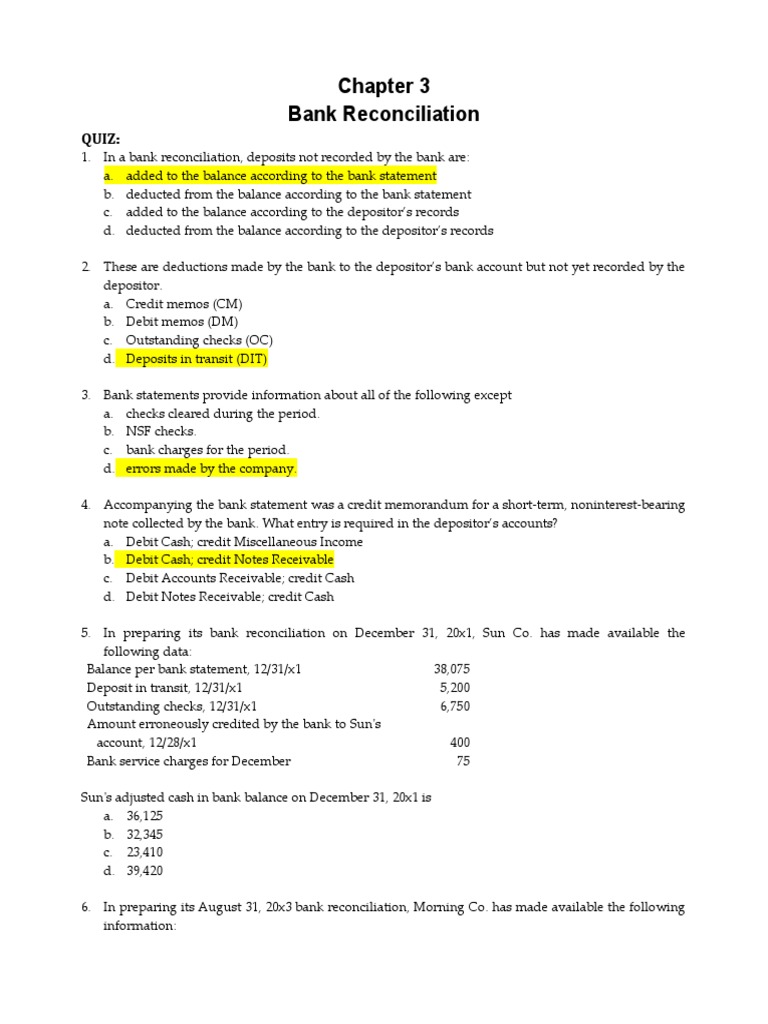 Bank Reconciliation: Quiz | PDF | Deposit Account | Debits And Credits