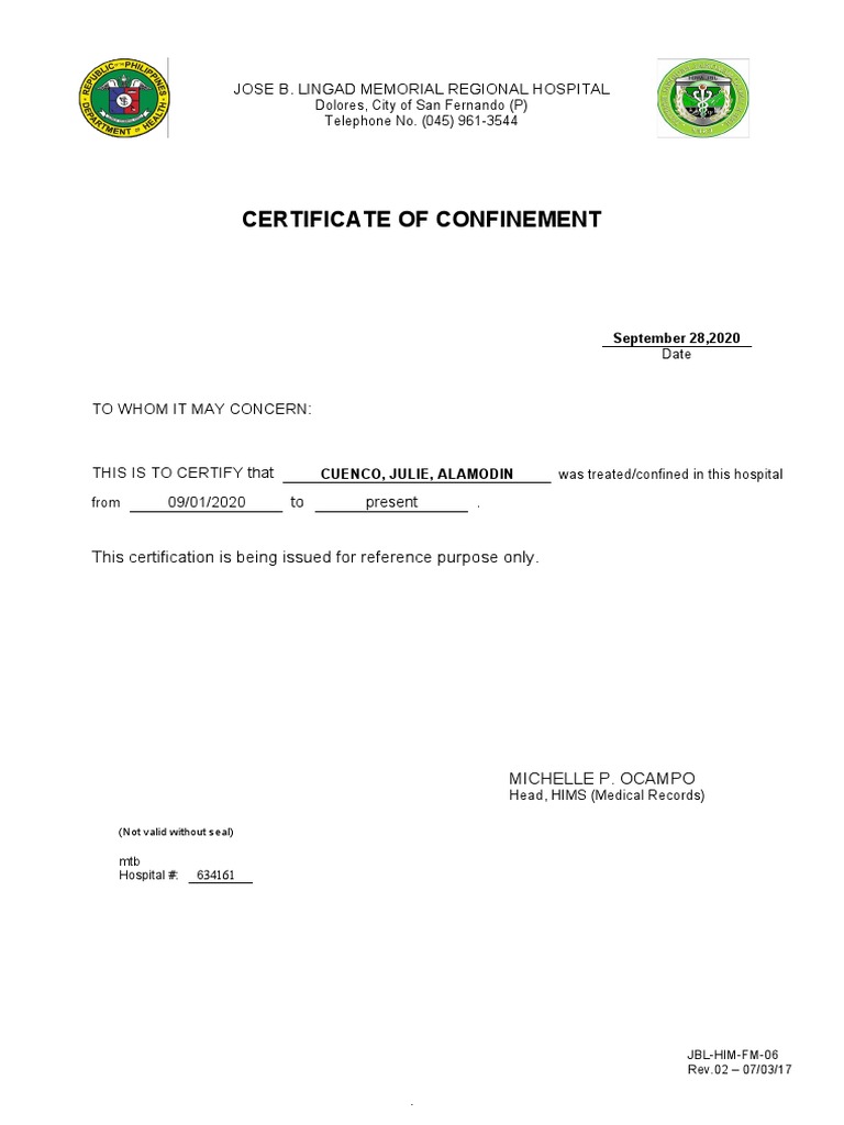 Certificate of Confinement: Jose B. Lingad Memorial Regional Hospital | PDF