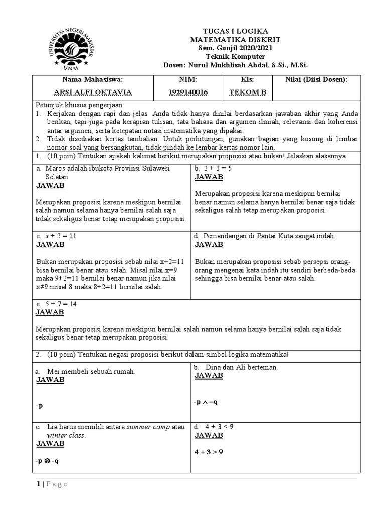7 - Arsi Alfi Oktavia - Tugas I Logika 2021 | PDF