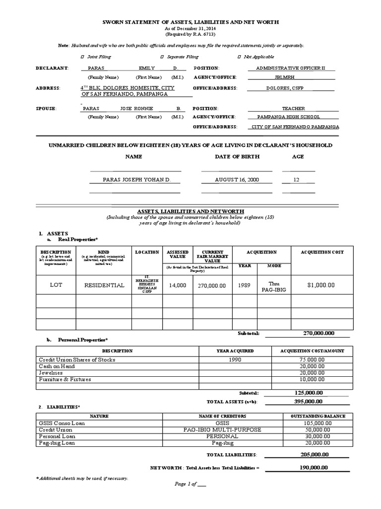 Sworn Statement of Assets Long Paras | PDF | Government | Economies