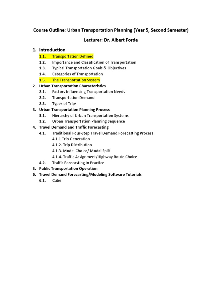 Course Outline: Urban Transportation Planning (Year 5, Second Semester ...