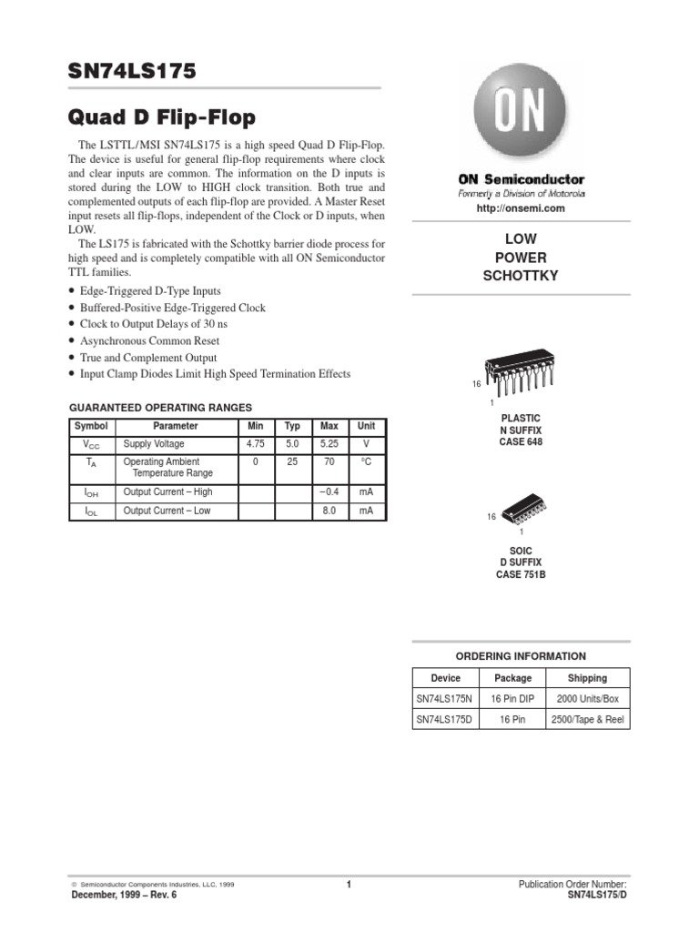 SN74LS175 Quad D Flip-Flop: LOW Power Schottky | PDF | Logic Gate ...