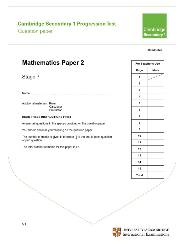 Secondary Progression Test - Stage 7 Math Paper 2 | PDF | Geometry ...