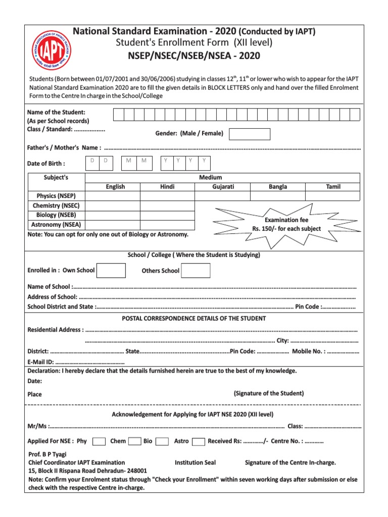 Enrollment Form NSE 2020 | PDF