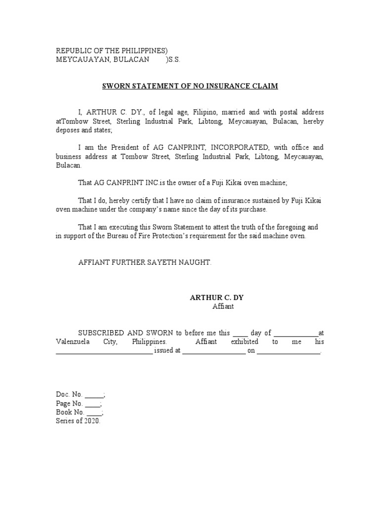 Sworn Statement of No Insurance Claim | PDF