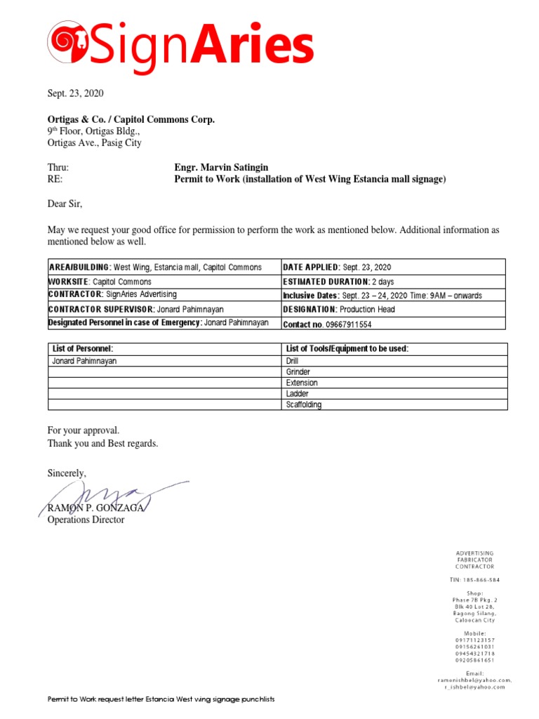 Permit To Work Request Letter Estancia West Wing Signage Punchlists | PDF
