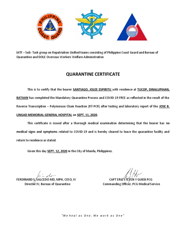 Quarantine Certificate: "We Heal As One We Work As One" | PDF