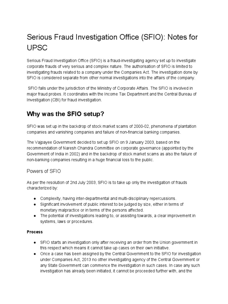 Serious Fraud Investigation Office (SFIO) : Notes For Upsc: Why Was The ...