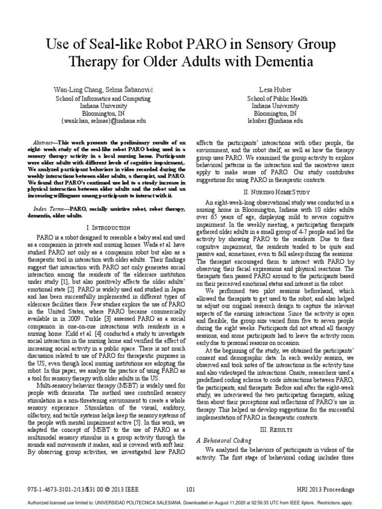 Use of Seal-Like Robot PARO in Sensory Group Therapy For Older Adults ...