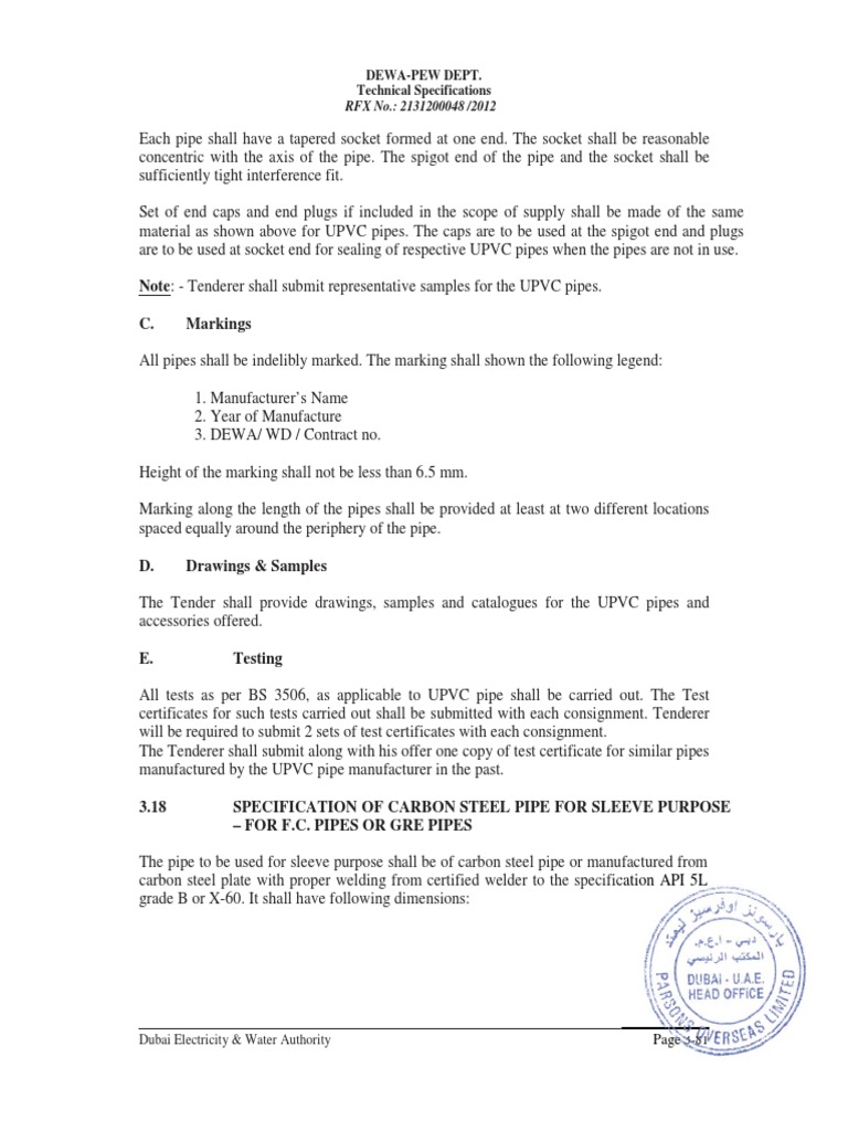 App B3-DEWA Tech & STD Specs | PDF | Pipe (Fluid Conveyance) | Ac Power ...