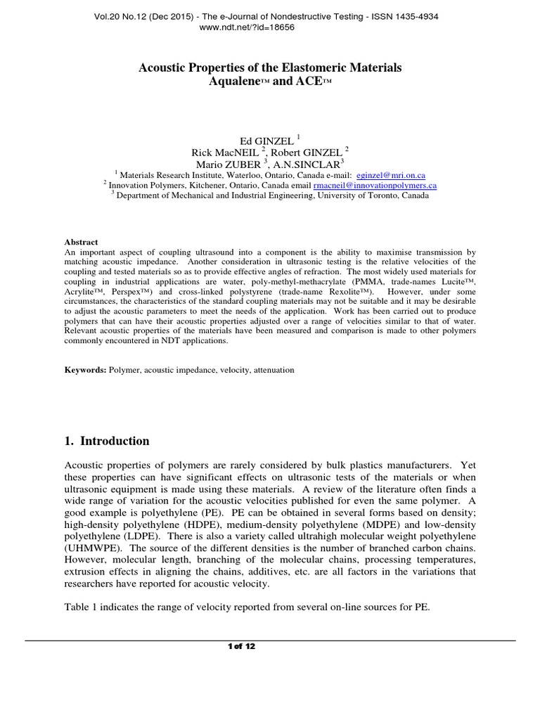 Acoustic Properties of The Elastomeric Materials Aqualene and ACE | PDF ...