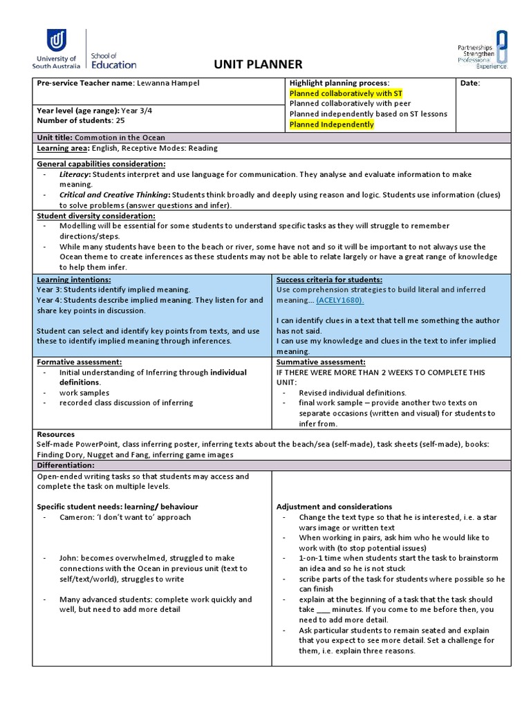 Unit Planner: Use Comprehension Strategies To Build Literal and ...