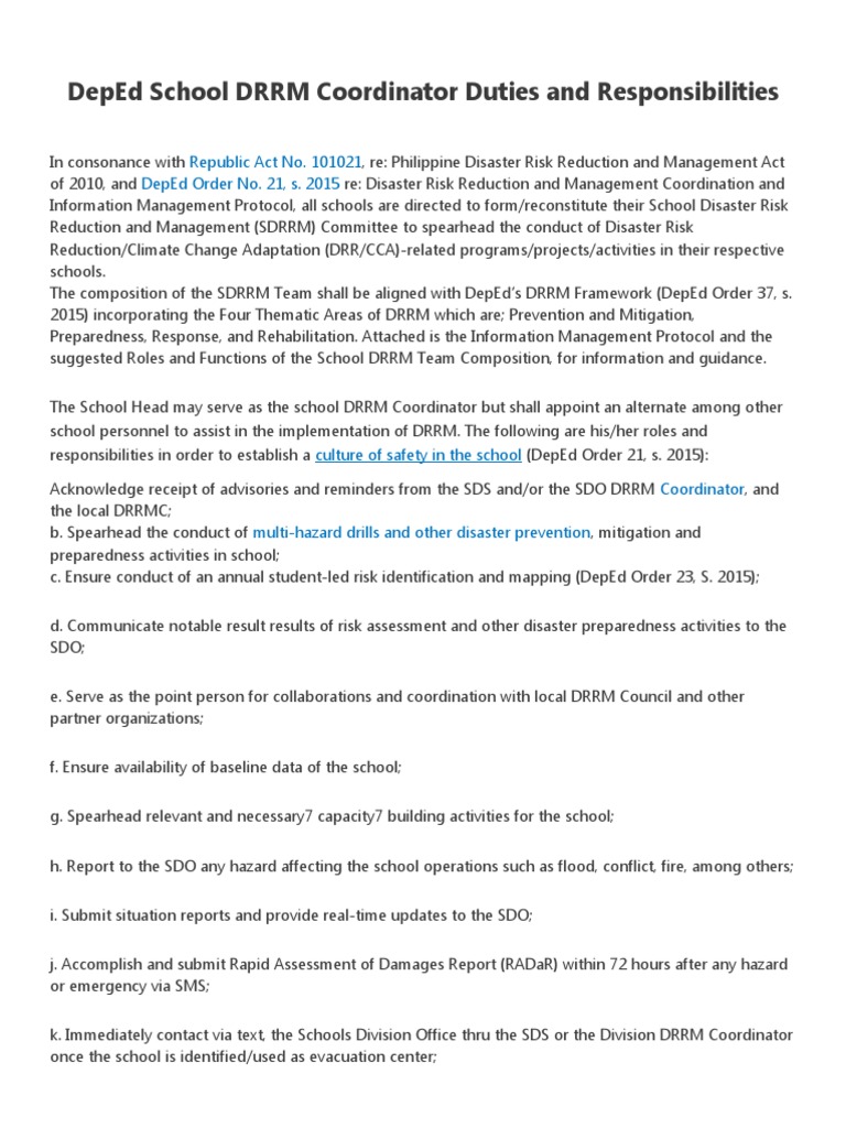 DepEd School DRRM Coordinator Duties | PDF | Emergency Management ...