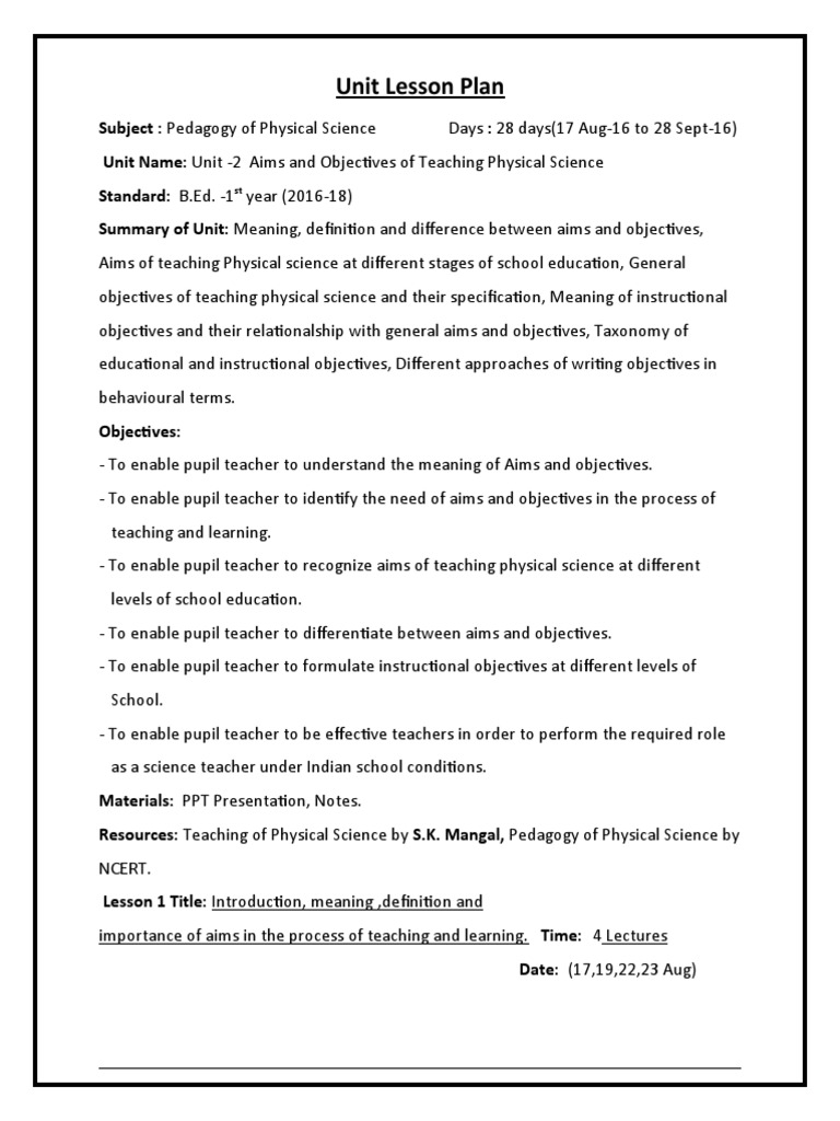 Aims and Objectives in Physical Science | PDF | Teachers | Lecture