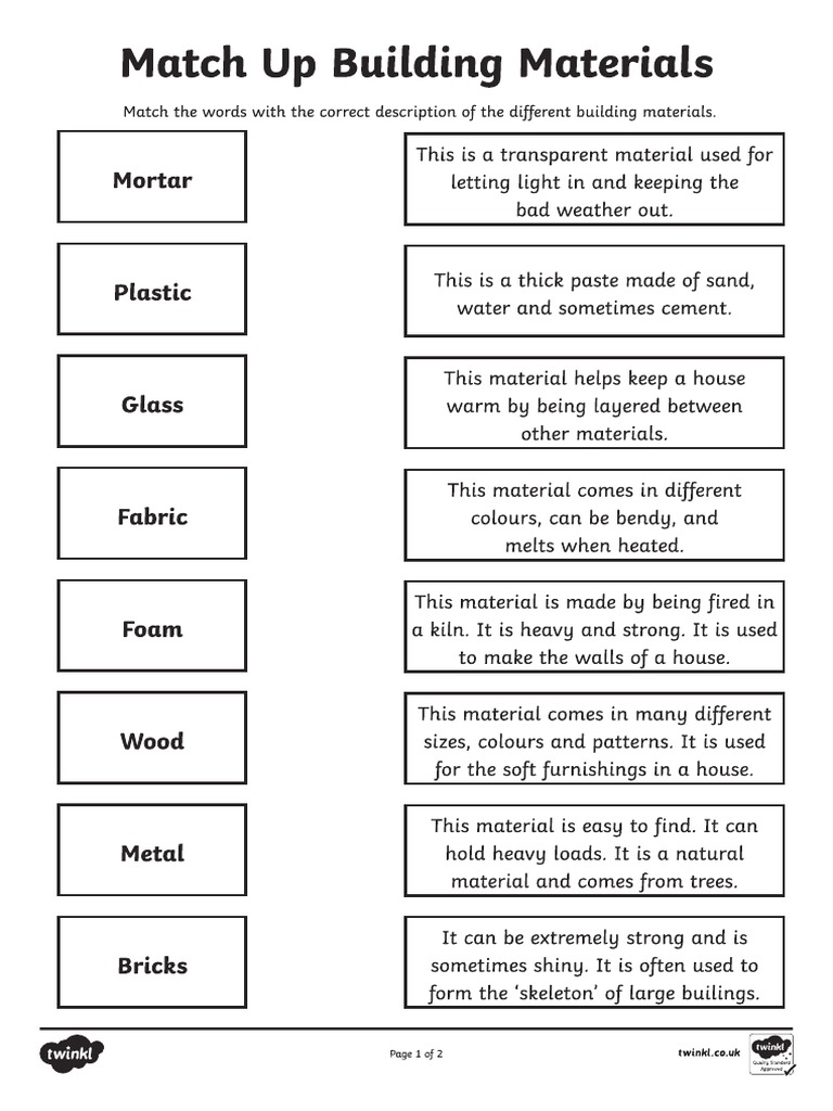 Match Up Building Materials Activity Sheet Ver 5 Pdf Pdf