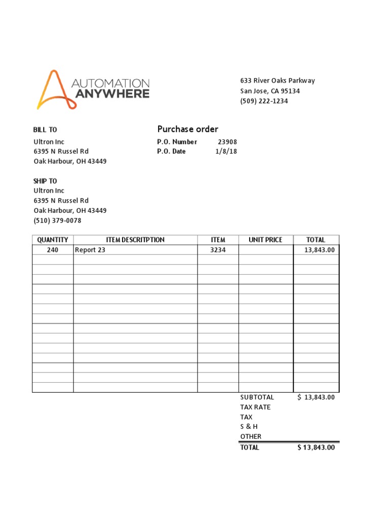 Purchase Order: Bill To P.O. Number P.O. Date | PDF