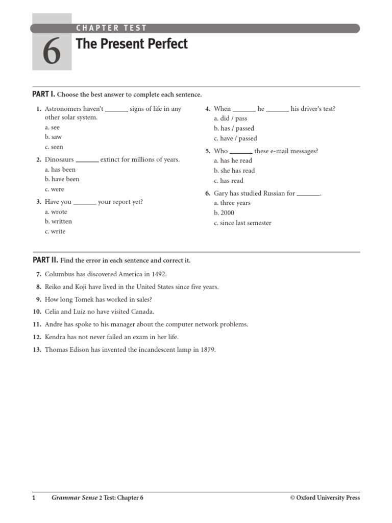 The Present Perfect: Chapter Test | PDF