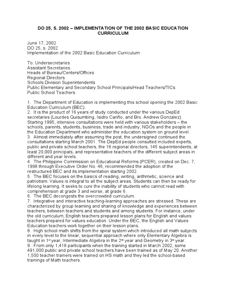 Do 25, S. 2002 - Implementation of The 2002 Basic Education Curriculum | PDF | Schools | Curriculum