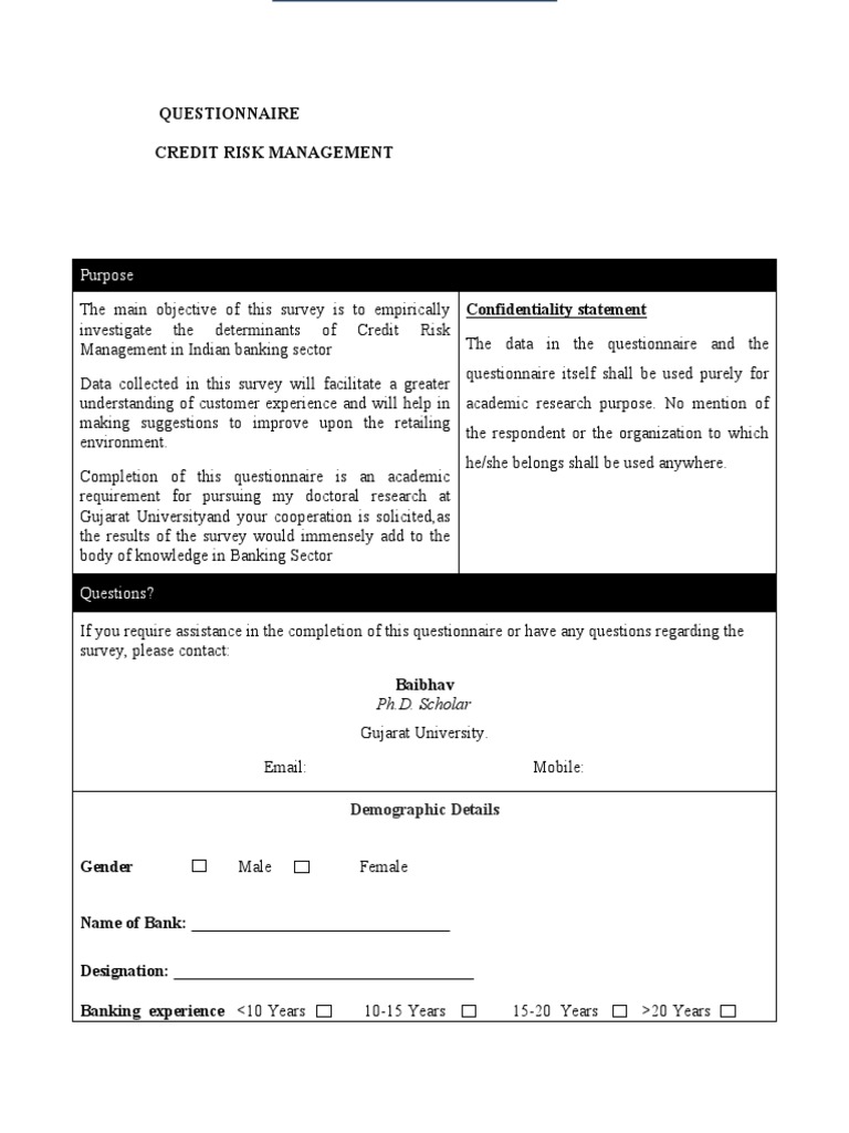 Credit Risk Management Questionnaire | PDF | Credit | Finance & Money ...
