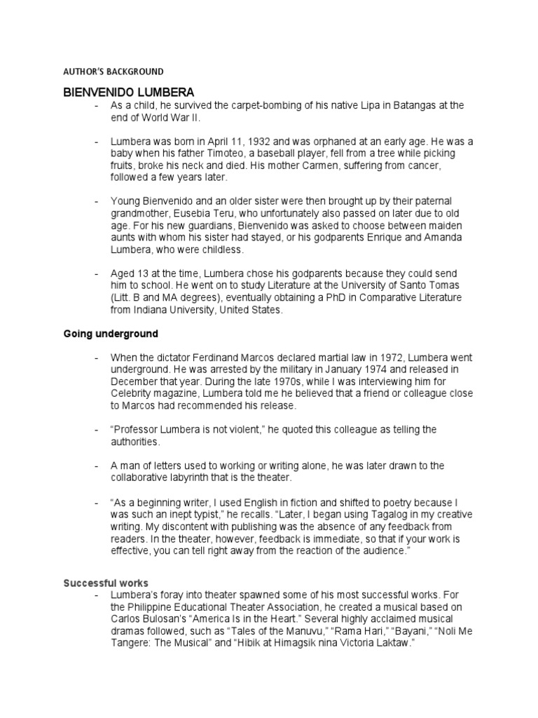 Bienvenido Lumbera: Author'S Background | PDF | Poetry | Theatre