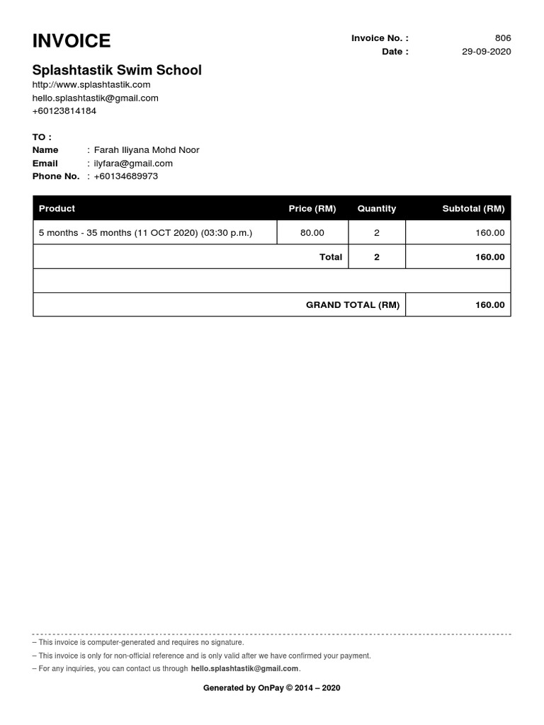 Invoice: Splashtastik Swim School | PDF | Business
