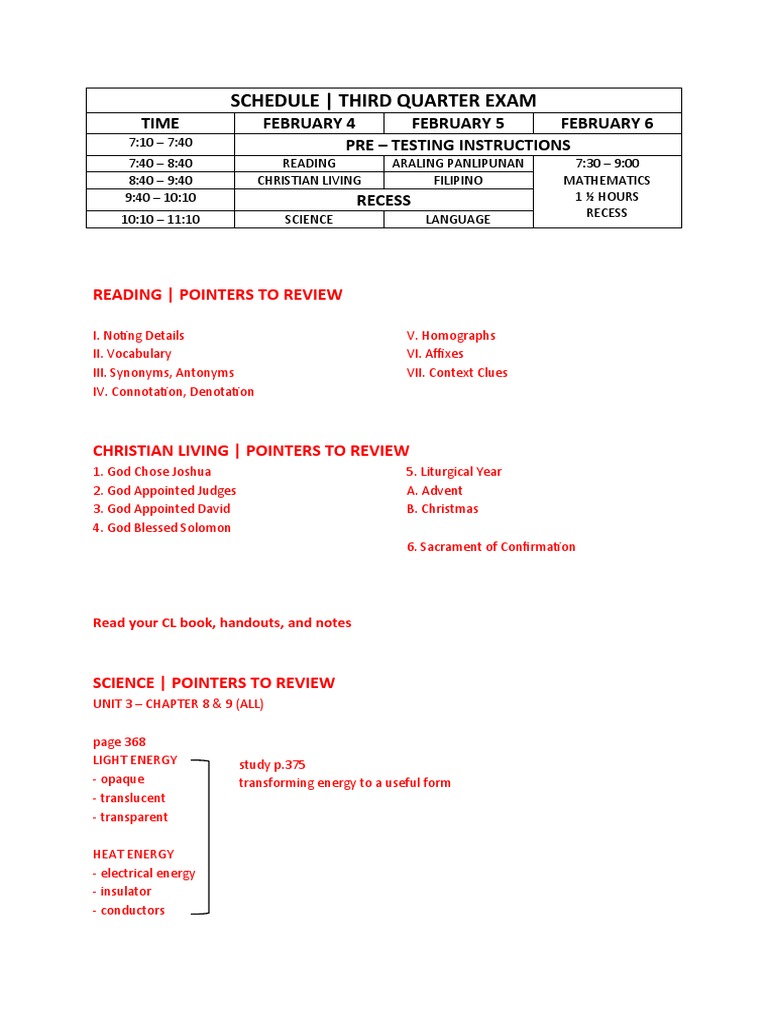 Schedule & Pointers To Review - Third Quarter | PDF | Semiotics | Language Mechanics