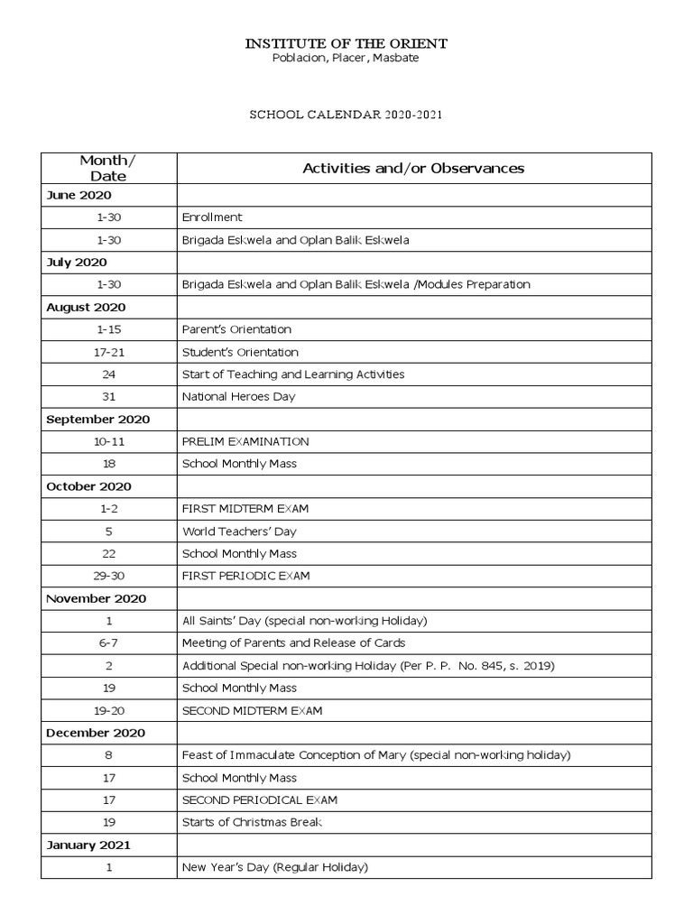 School Calendar 2020-2021 | PDF