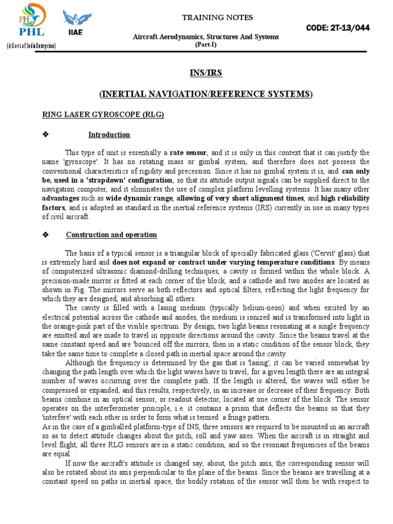 Ins/Irs (Inertial Navi G Ation/Reference Systems) : Iiae CODE: 2T-13/ ...