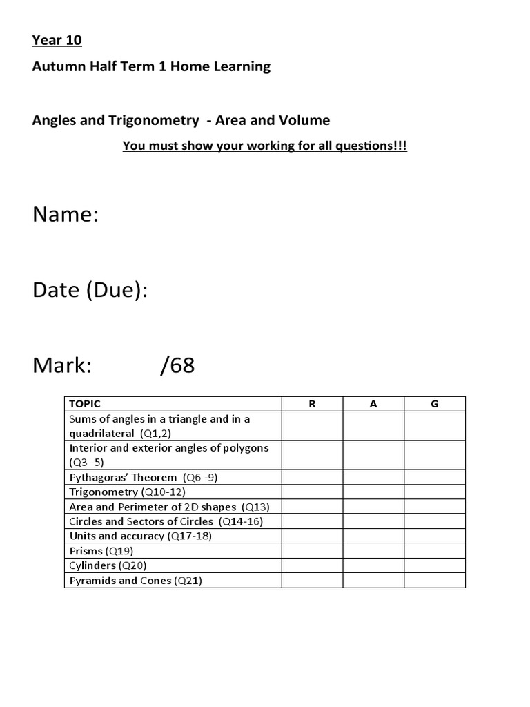 Year 10 Higher Autumn Half Term 1 Homework - Unit 5 & 7 | PDF | Area ...