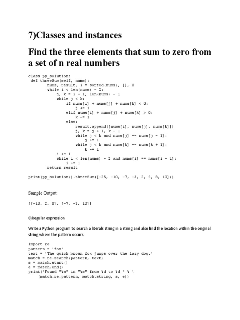 7) Classes and Instances Find The Three Elements That Sum To Zero From A Set of N Real Numbers ...