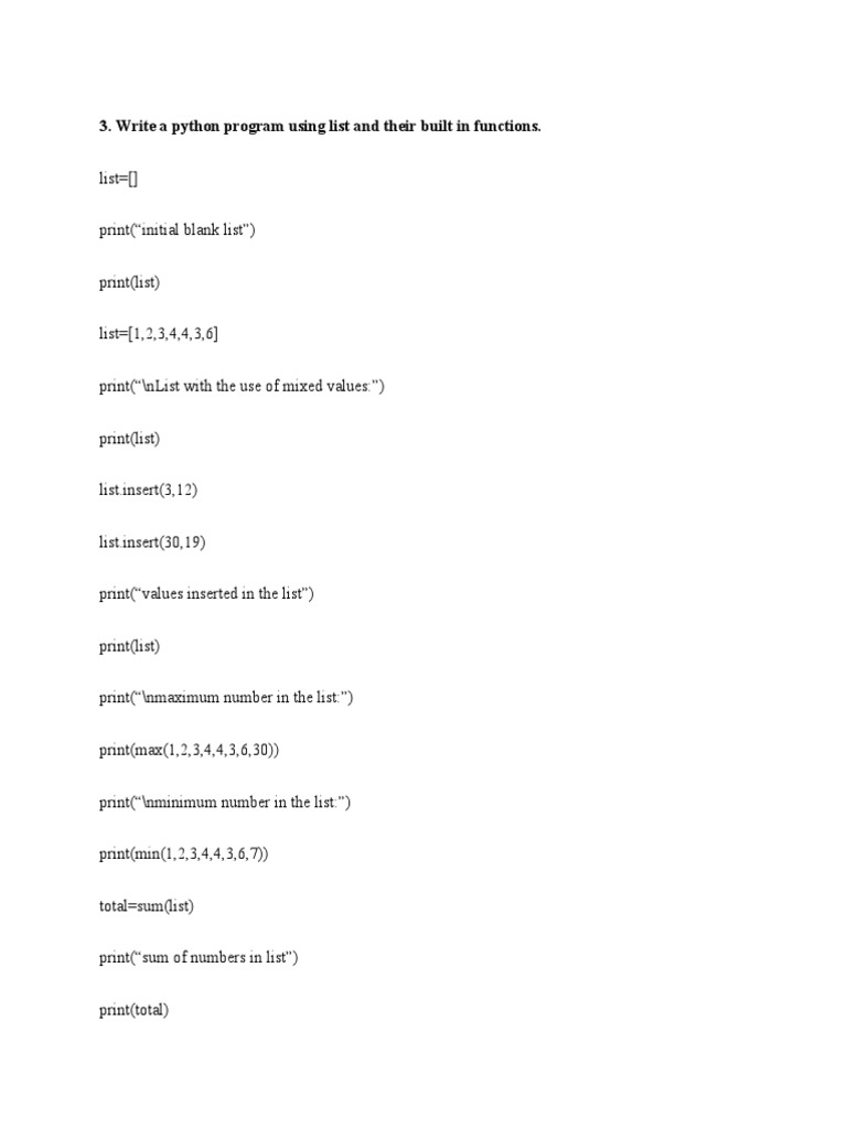 Write A Python Program Using List and Their Built in Functions ...