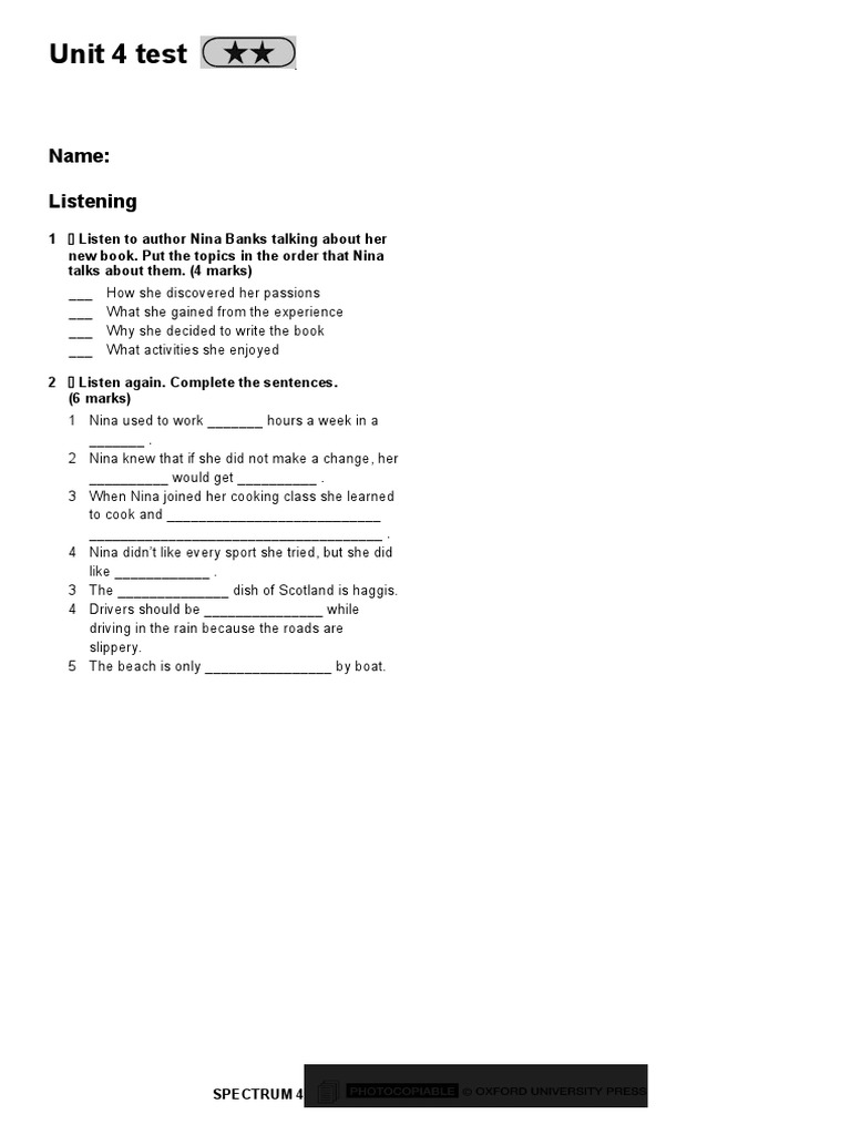 Unit 4 Test: Name: Listening | PDF | Social Science | Self-Improvement