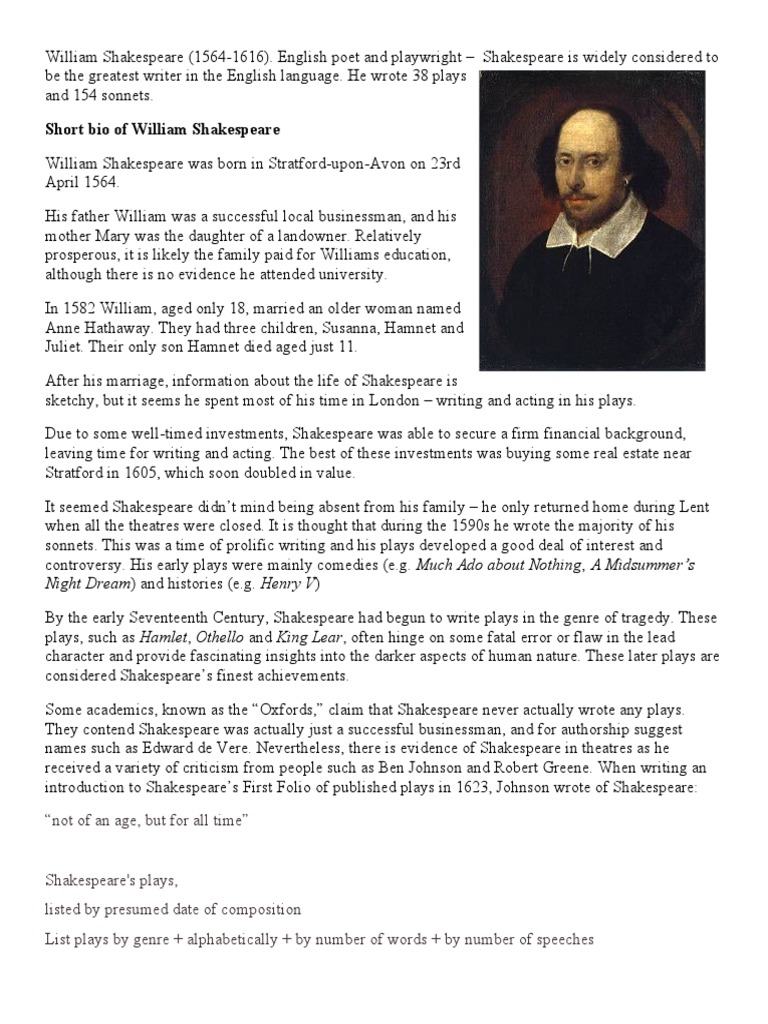 Short Biography William Shakespeare | PDF | William Shakespeare | Poetry