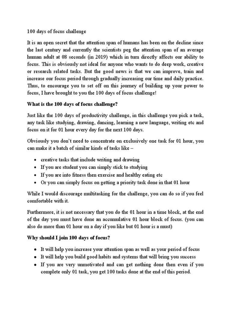100 Days of Focus Challenge Guide | PDF | Attention | Cognition
