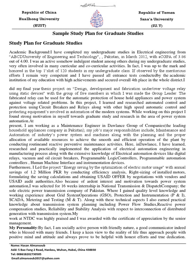 Sample Study Plan For Graduate Studies | PDF | Automation | Electric ...