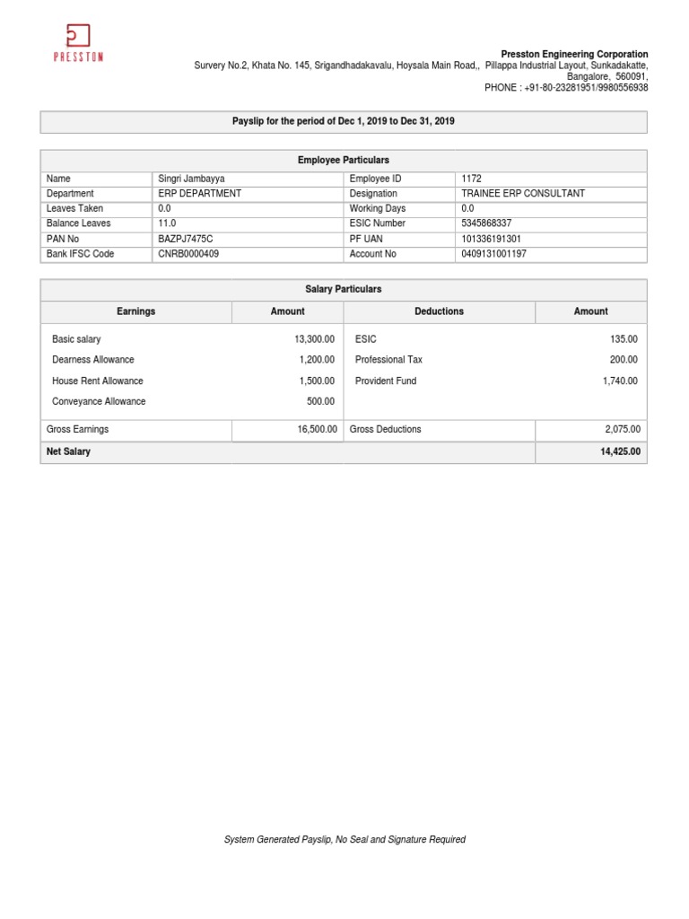 Presston Engineering Corporation: System Generated Payslip, No Seal and ...