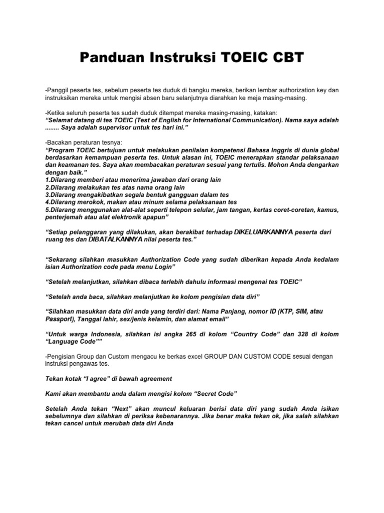 Panduan Instruksi TOEIC CBT Yang Harus Dibaca Pengawas | PDF