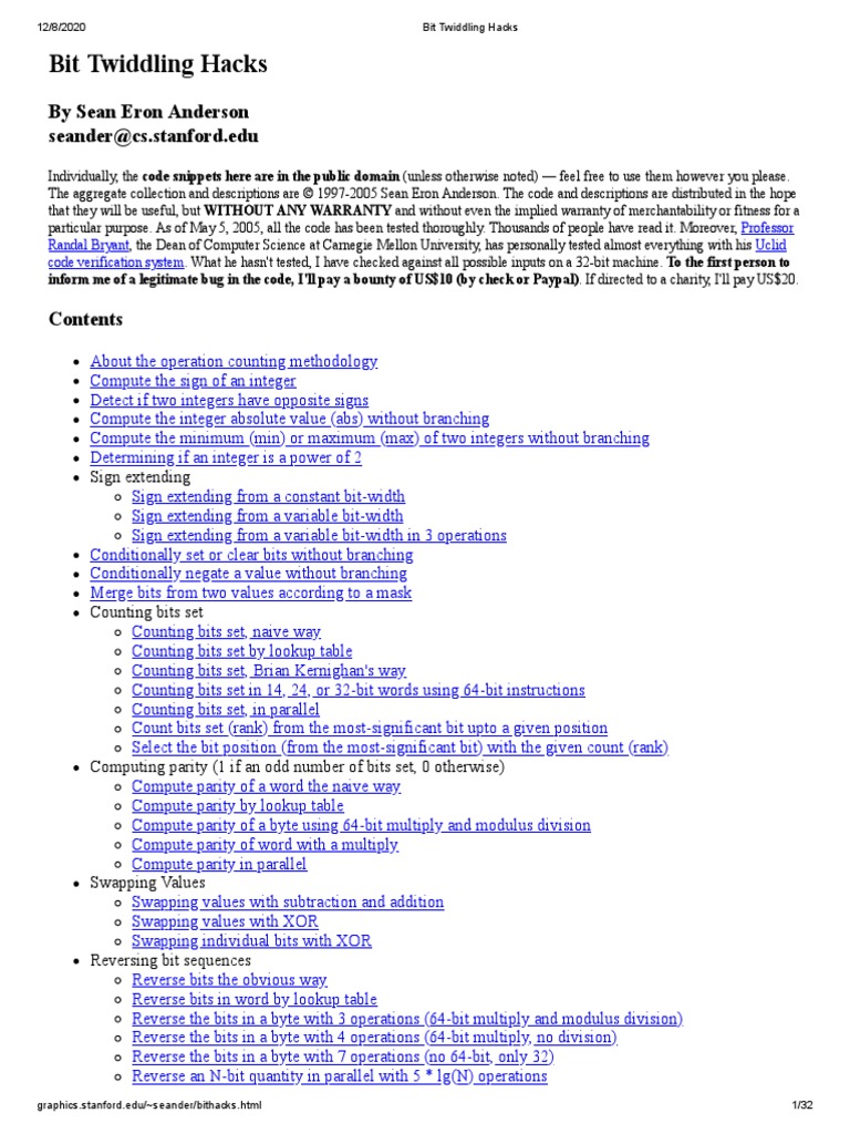 Bit Twiddling Hacks | PDF | Integer (Computer Science) | Theoretical ... Bit Twiddling Hacks | PDF | Integer (Computer Science) | Theoretical ...