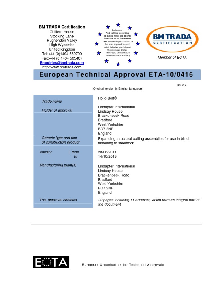 Hollo Bolt Eurocode ETA 10 0416 | PDF | Screw | Building Materials