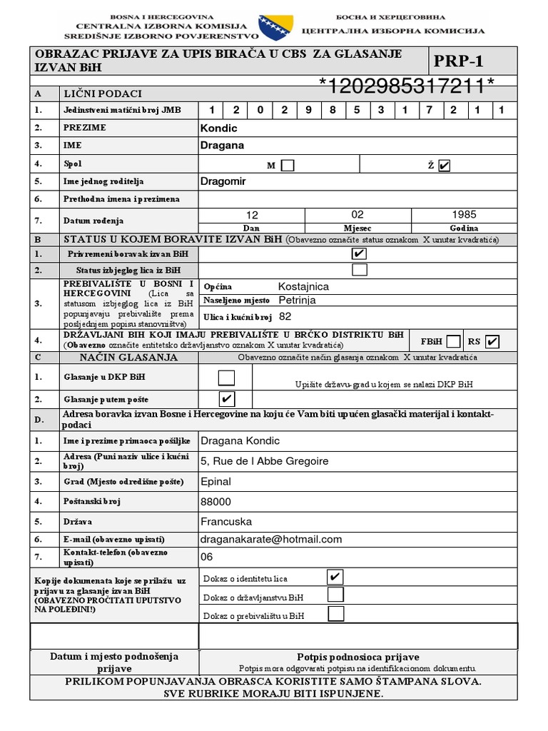 Obrazac Za Glasanje Van BiH | PDF