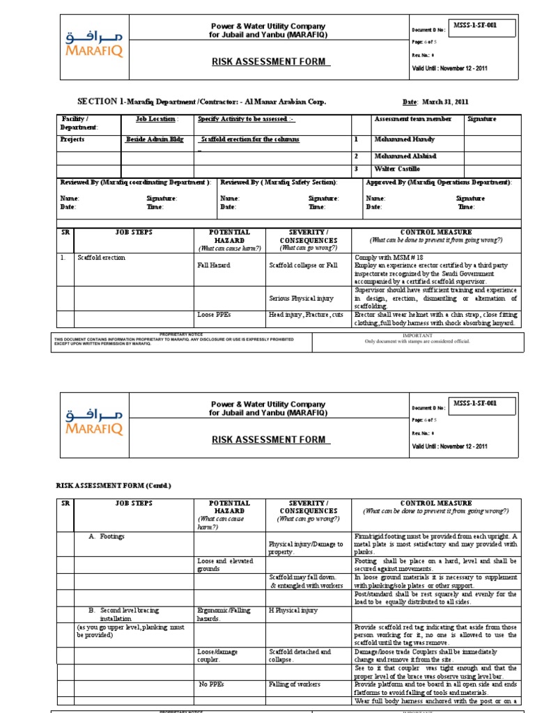 Risk Assessment for Scaffold Erection | PDF | Scaffolding | Personal ...