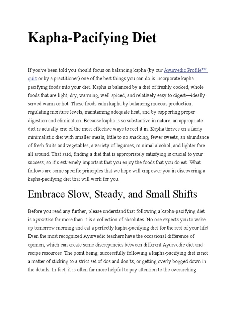 Kapha-Pacifying Diet: Embrace Slow, Steady, and Small Shifts | PDF ...
