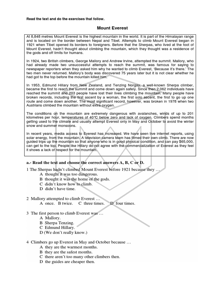 Mount Everest: Read The Text and Do The Exercises That Follow | PDF ...