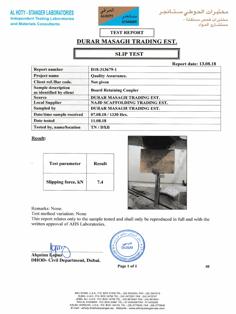 Coupler Slip Test Report for Durar Masagh | PDF | United Arab Emirates