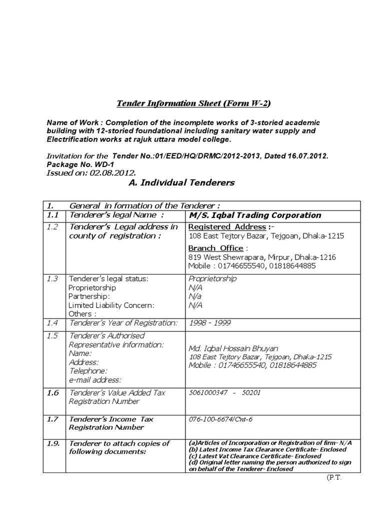 Tender Information for Civil Works | PDF | Sole Proprietorship ...