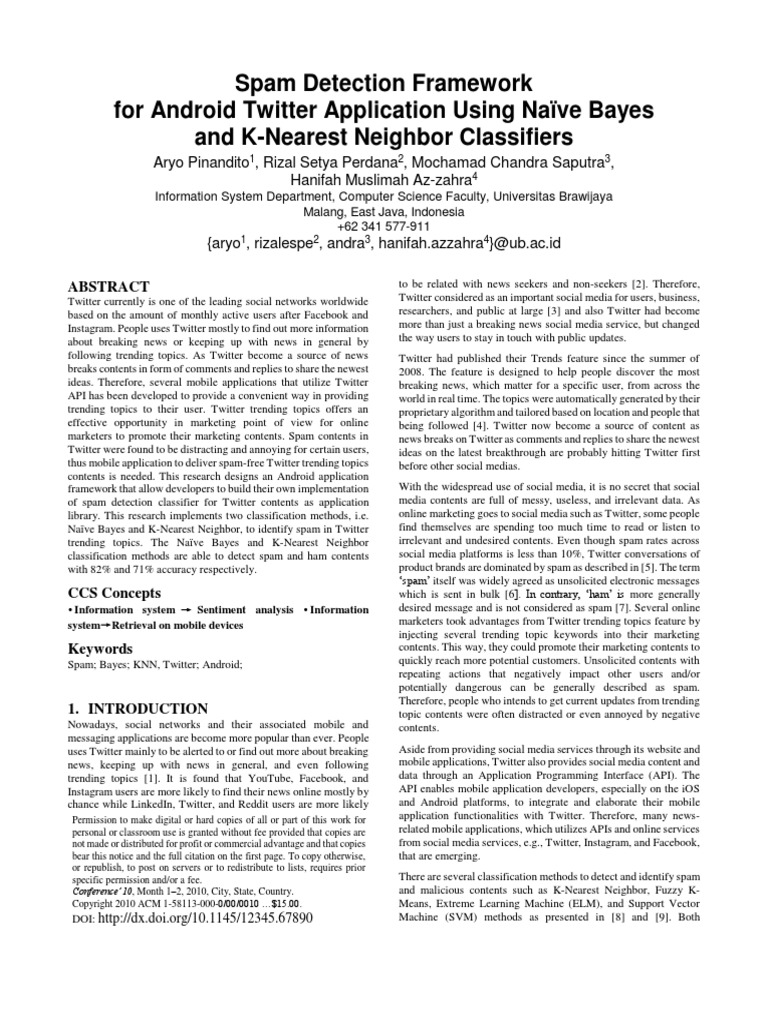 Spam Detection Framework For Android Twitter Application Using Naïve Bayes and K-Nearest ...